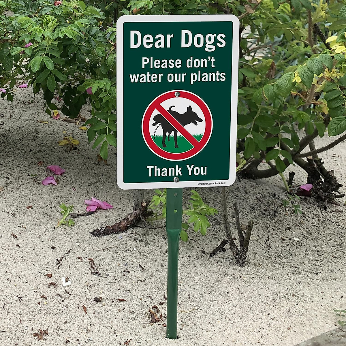 SmartSign 10 x 7 inch Dear Dogs Please Don't Water Our Plants Funny No Dog Pee sign for yard and 18 inch Stake Kit, 40 mil Laminated Rustproof Aluminum, Multicolor, Set of 1, Made in USA