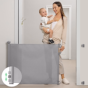 Momcozy Retractable Mesh Baby Gate or Dog Gate, Child Safety Gate for Indoor or Outdoor, 33-inches Tall with up to 55-inches Wide Extension, Avoid Skirting Installation, Grey