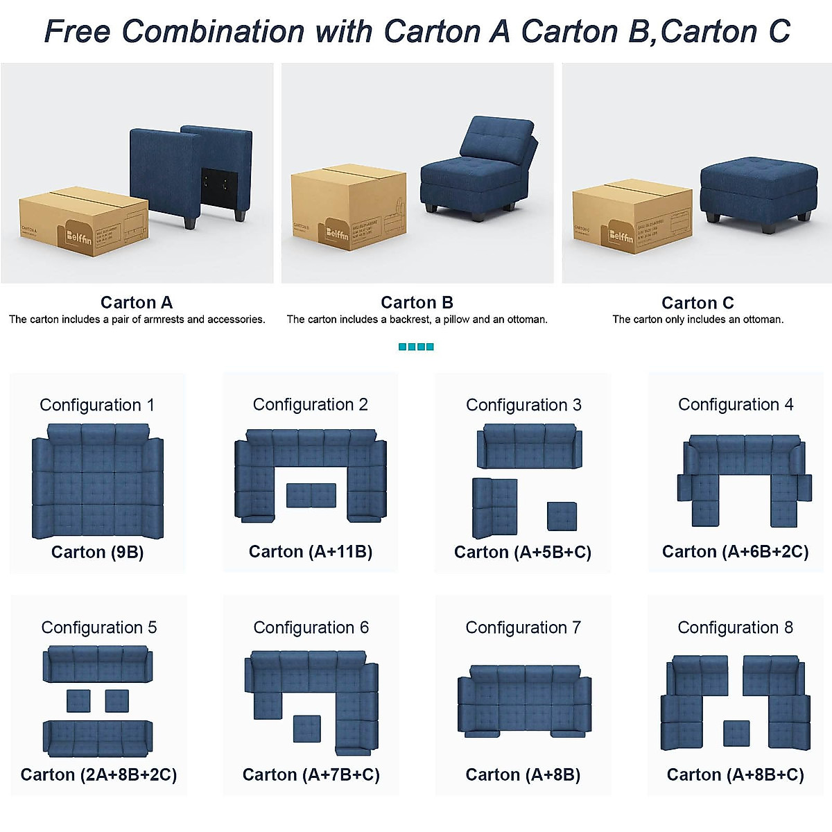 Belffin Middle Module Seat for Modular Sofa Sectional Couch with Storage Accent Armless Sofa Chair Modern Fabric Blue
