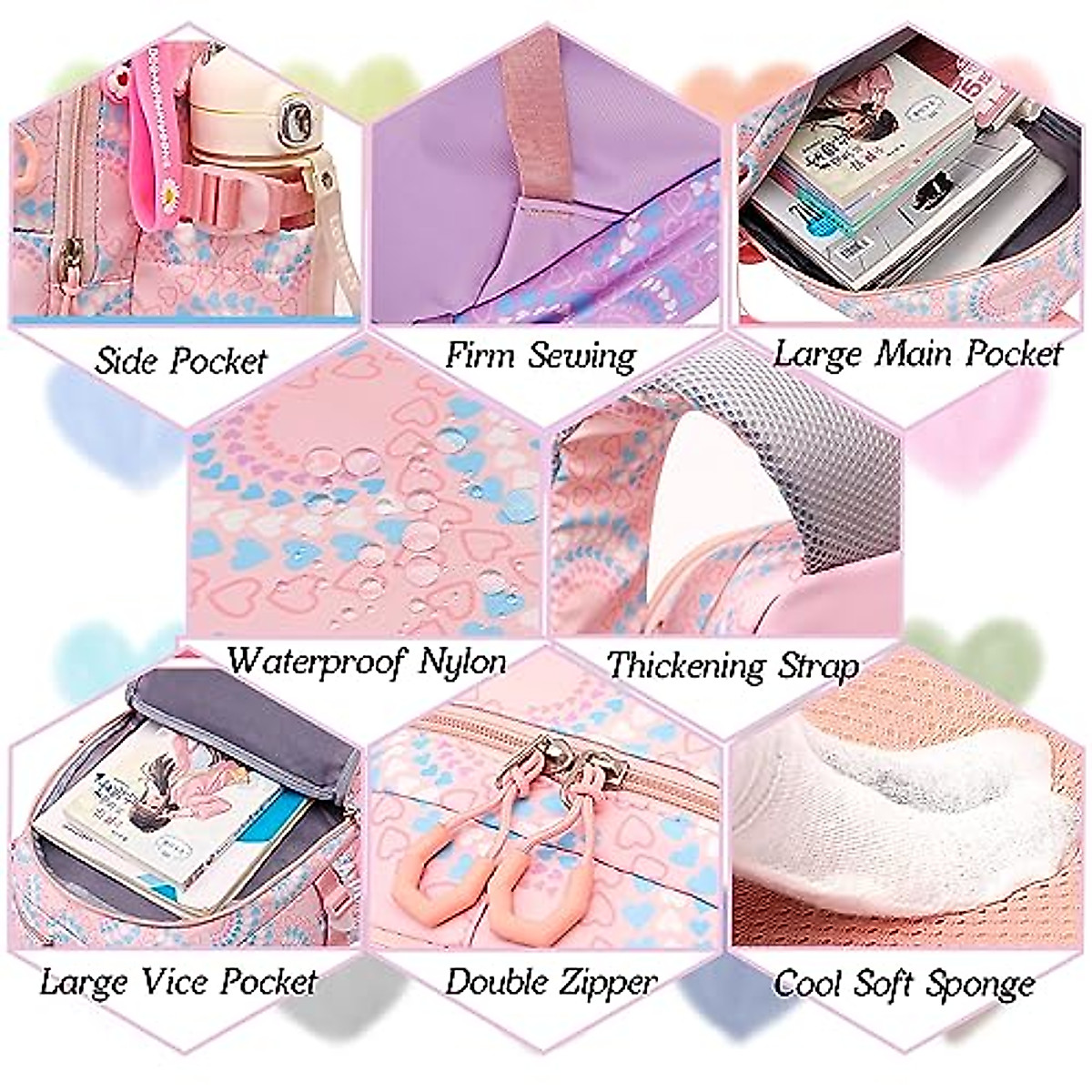 Dorlubel Girls Princess Backpack Elementary School, Heart Shape Print Backpack for girls Cute Kids Kindergarten Preschool Bookbag With Lunch Bag and Pencil Case (Dark Blue Heart Shape)