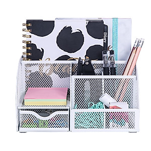 Exerz Desk Organizer White Office Desk Accessories Supplies Office Storage Desktop Pencil Pen Holder with Drawer Home Workspace