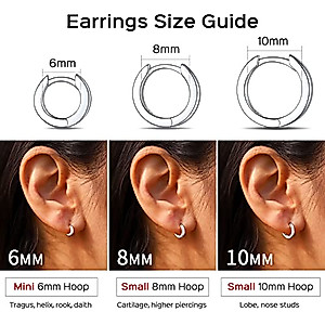 ChicSilver 925 Sterling Silver Small Hoop Earrings for Women White Gold Plated Silver Huggie Hoop Earrings Tiny Hypoallergenic Lightweight Cartilage Earring - 8MM