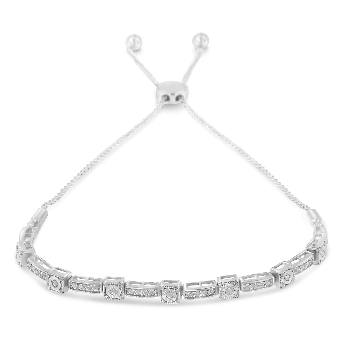 Haus of Brilliance .925 Sterling Silver 1/4 Cttw Diamond 4”-10” Adjustable Bolo Alternating Square and Rectangle Bolo Bracelet (I-J Color, I3 Clarity)