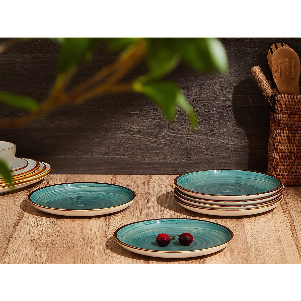 ONEMORE 30 oz Pasta Bowls and 8.5 inch Salad Plates Bundle - Microwave, Oven and Dishwasher Safe - Teal