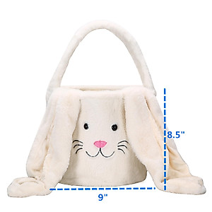 E-FirstFeeling Plush Easter Bunny Basket Easter Basket for Kids Easter Egg Hunt Basket with Ears Bunny Bucket Tote for Easter Eggs Candy (Plush-White)
