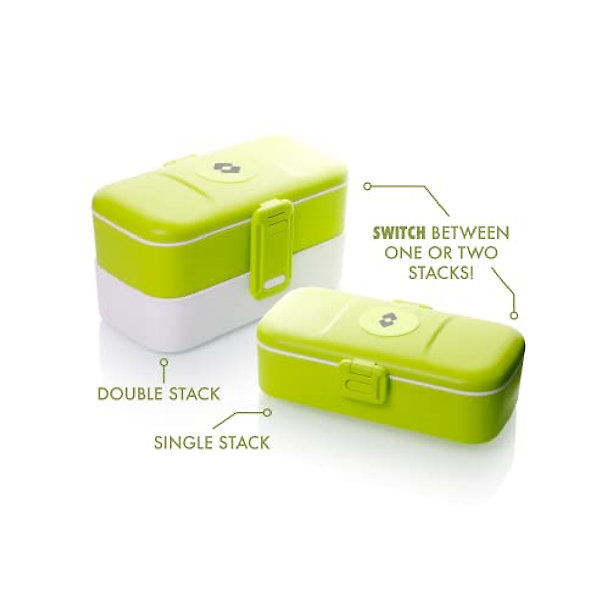 SARZ Bento Lunch Box for Kids - with 2 Containers and 4 Compartments, Modern Stackable Cute Bento Lunch Box with Cutlery Set, Two Adjustable Dividers, Microwave and Dishwasher Safe (Green)