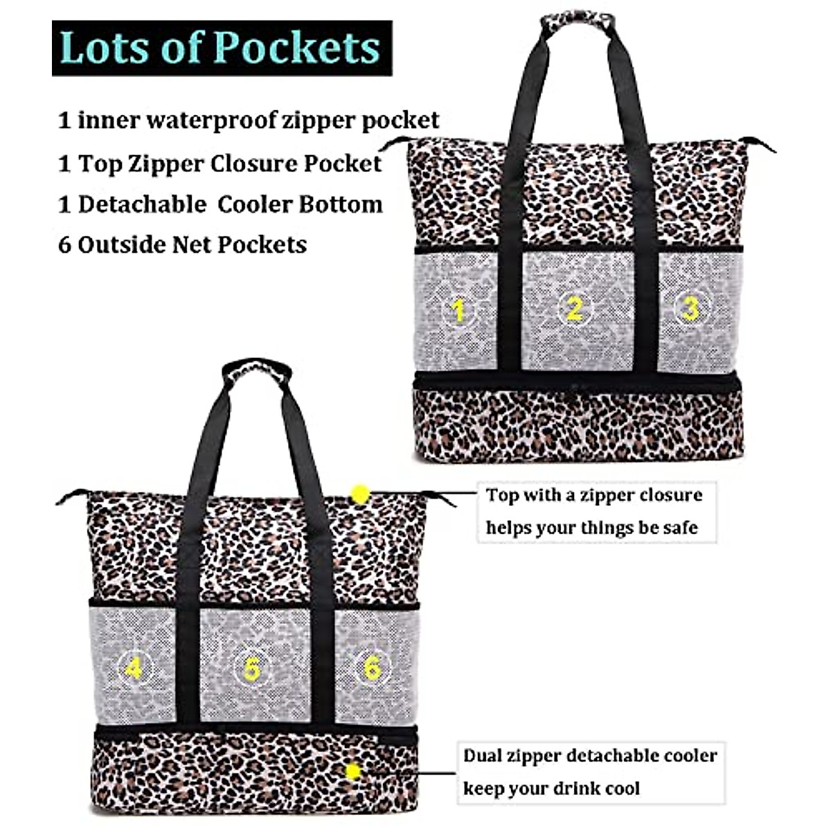 JIANYA Beach Bag Women Waterproof Sandproof Beach Tote Bags with Cooler Top Zipper Large Totes for Beach Pool Travel Daily