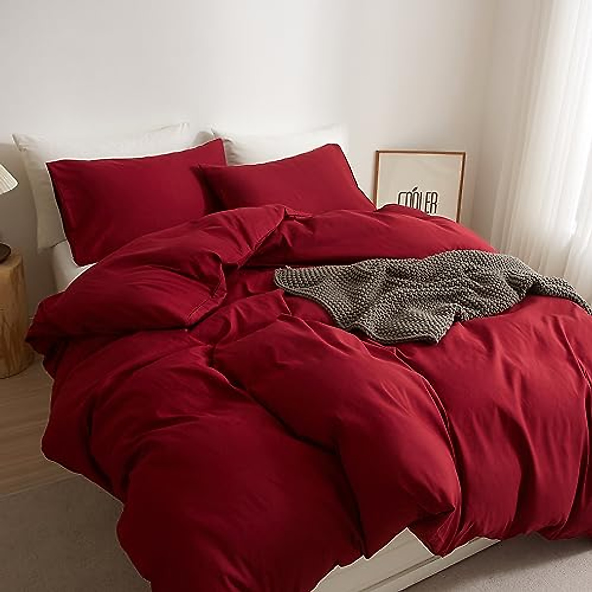 Mucalis Burgundy Duvet Cover Queen Washed Brushed Full/Queen 3pc Solid Modern Bedding Duvet Cover Set with Pillowcases Zipper Closure Corner Ties-No Comforter