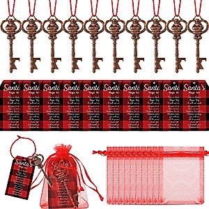10 Sets Santa's Key for No Chimney House Metal Key with Santa Claus Card and Gift Bag Vintage Skeleton Charm Key Christmas Tree Ornament for Christmas Holiday