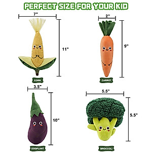 Nleio Vegetables Food Plush Toys, 4-Piece Cute Plush Stuffed Toy with Carrot/Broccoli/Corn/Eggplant, Pretend Food Plush Toy, Early-Learning Skills, Cute Plush Toys for Kids Ages 0+
