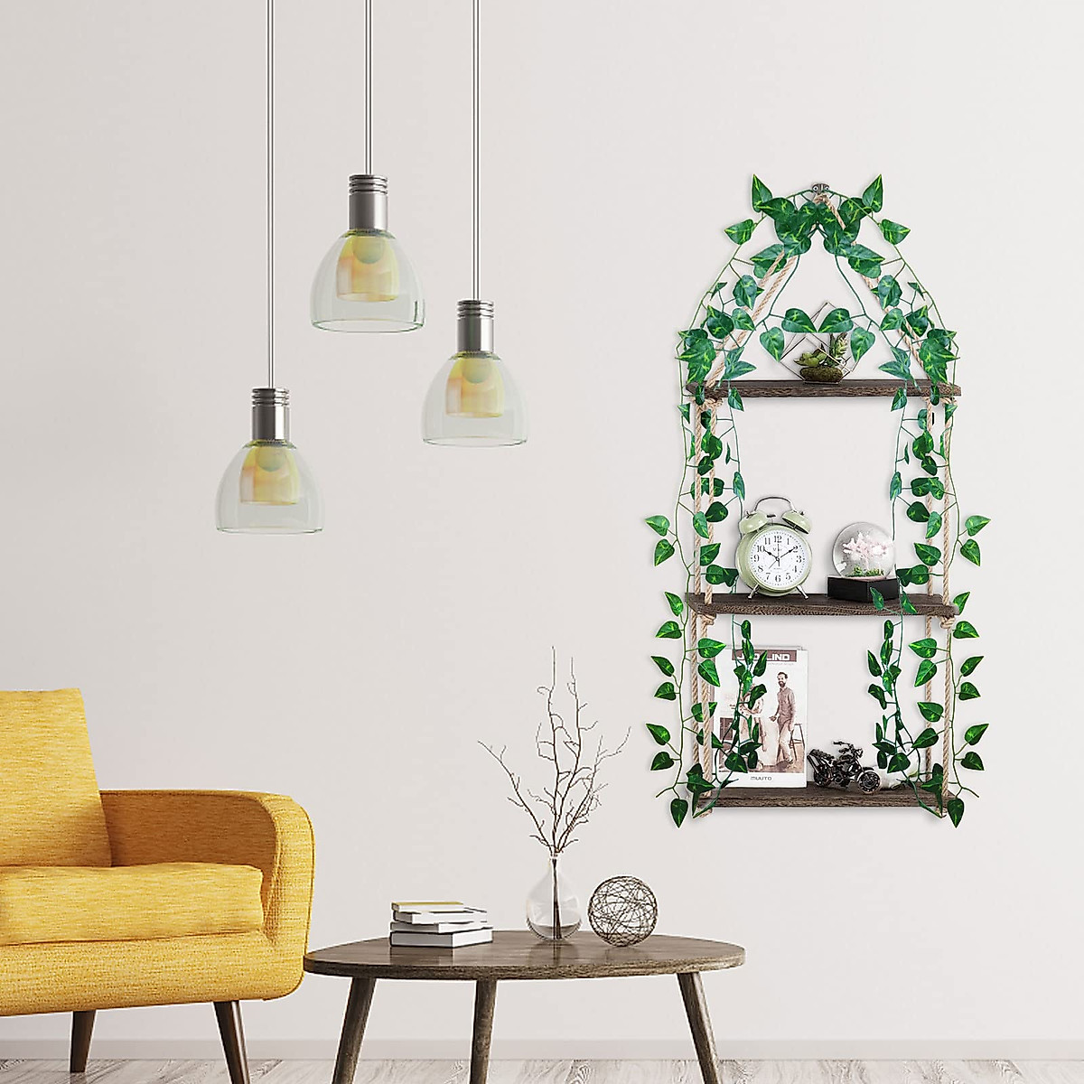 SNOMEL Set of 3 Wood Hanging Shelves with Artificial Ivy & Woven Rope, Rustic Floating Wall Shelves, Hanging Plant Shelf Rack Display for Storage Bedroom Living Room Farmhouse Home Decor