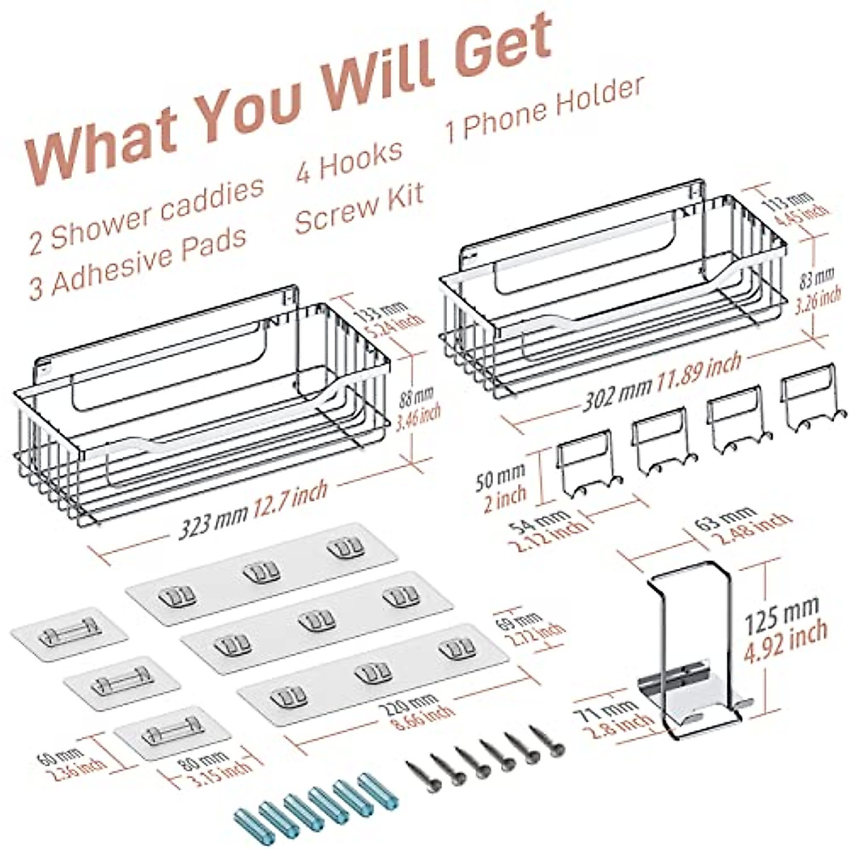 Temste Shower Caddy, Rustproof Shower Organizer with Phone Holder, Stainless Steel Shower Shelf for Inside Shower with Adhesive Hooks, Bathroom Organizer Shower Storage - 2 Pack