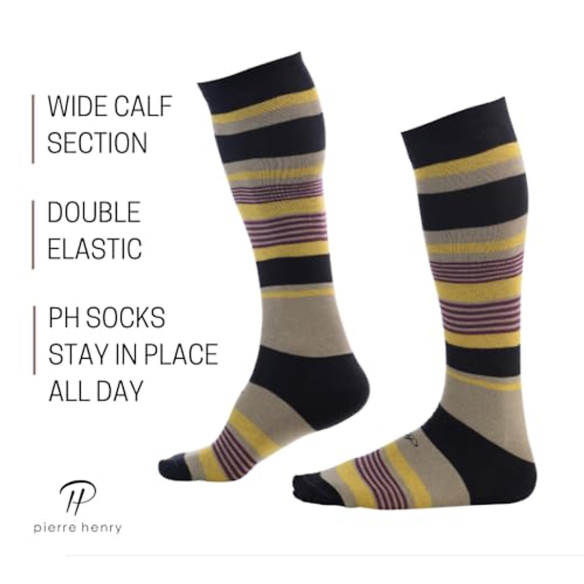 Pierre Henry Over the Calf Mens Dress Socks (9 Pairs) | Cotton Made, Long Socks, Wide Socks | Light Compression Socks for Men in Elegant Striped Patterns | Big and Tall Size (US Mens Shoe 12-16)