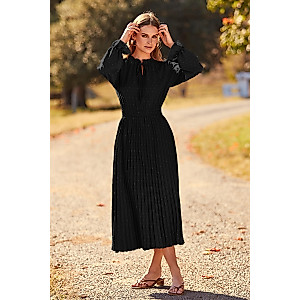 PRETTYGARDEN Women's 2024 Fall Midi Dress Casual Long Sleeve V Neck Swiss Dot Pleated A Line Flowy Dresses (Black,Medium)