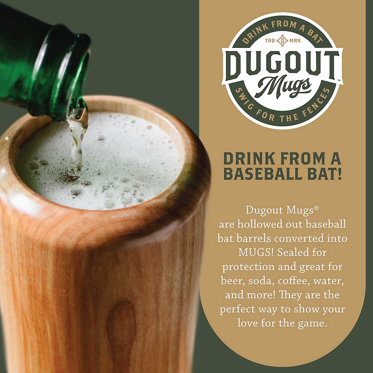 DUGOUT MUGS: Baseball Bat Drinking Mug with Engraving - 12 oz. (3x3x10 inches) - Double Sealed, Solid Wood - For Hot and Cold Drinks - Proudly Made in the USA
