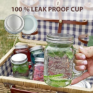 Pinkrella Mason Drinking Jars, 16 oz Glass Mugs Set of 6 with Handles, Airtight & Straw Lids, Glass Straws, Cleaning Brushes