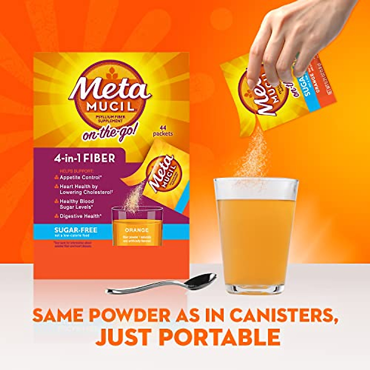 Metamucil On-The-Go, Daily Psyllium Husk Powder Supplement, Sugar-Free Powder, 4-in-1 Fiber for Digestive Health, Orange Flavored Drink, 44 Packets