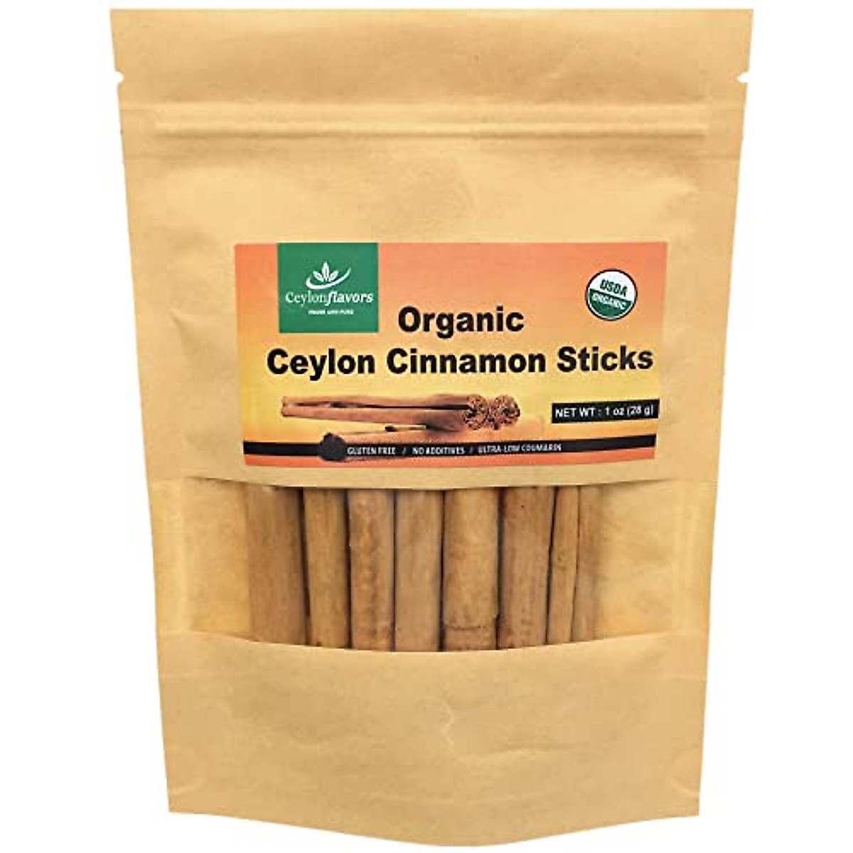 Organic Ceylon cinnamon sticks, True or Real Cinnamon, Premium Grade, Harvested from a USDA Certified Organic Farm in Sri Lanka 1 oz / 28 g (3" cut 6 to 7 sticks)