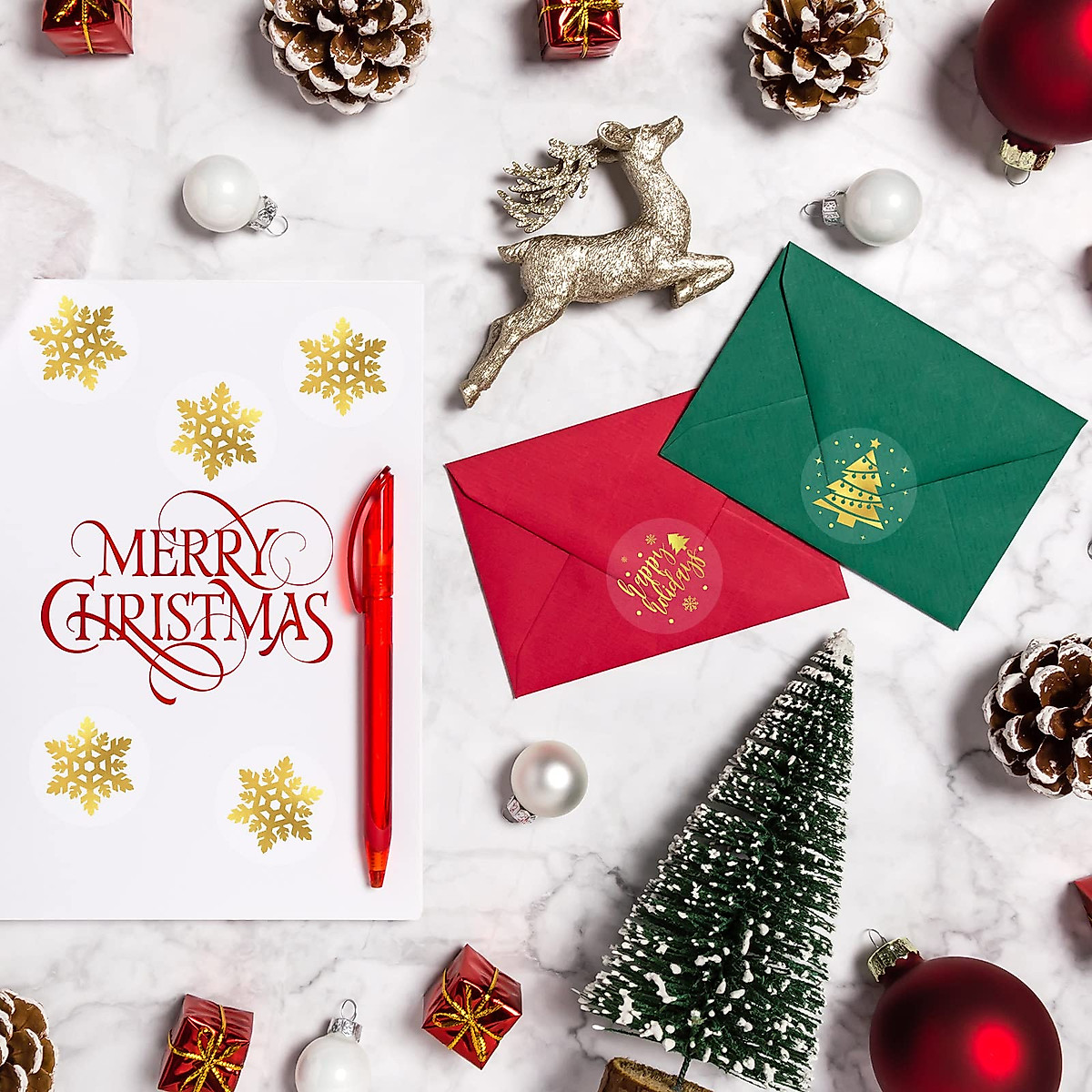 Whaline 1200Pcs Christmas Clear Stickers 6 Styles Foil Gold Transparent Round Label Stickers 1.5in Snowflake Xmas Tree Pattern Stickers for Xmas Envelope Sealing Invitation Greeting Cards Gift Decor