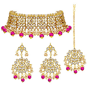 Aheli Elegant Indian Faux Kundan Studded Choker Necklace with Maang Tikka Set Ethnic Wedding Wear Fashion Jewelry for Women (Rani Pink)