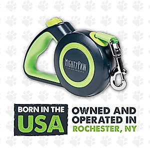 Mighty Paw Retractable Dog Leash 2.0 | 16’ Heavy Duty Reflective Nylon Tape Lead for Pets Up to 50 LBS. Tangle Free Design W/One Touch Quick-Lock Braking System & Anti-Slip Handle. (Green/Lite)