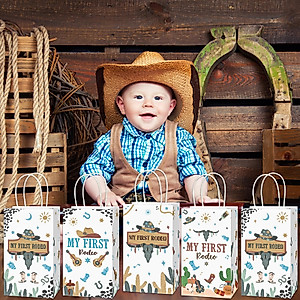 Justforjoyful 16Pcs My First Rodeo One Birthday Party Favors Bags Cowboy 1st Birthday Gift Snacks Treat Candy Paper Bags with Handle for Cowboy 1st Birthday Party Decorations Supplies 8 * 4.7 * 3inch