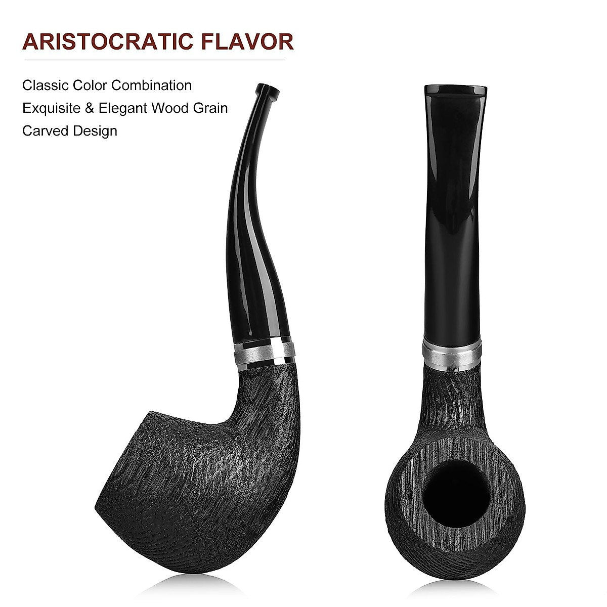 Joyoldelf Smoking Pipe, Bent Wooden Tobacco Pipe with Gift Box, Oak Tobacco Pipes for Smoking with Foldable & Stainless Steel Tobacco Pipe Stand, 9mm Pipe Filter and Smoking Accessories