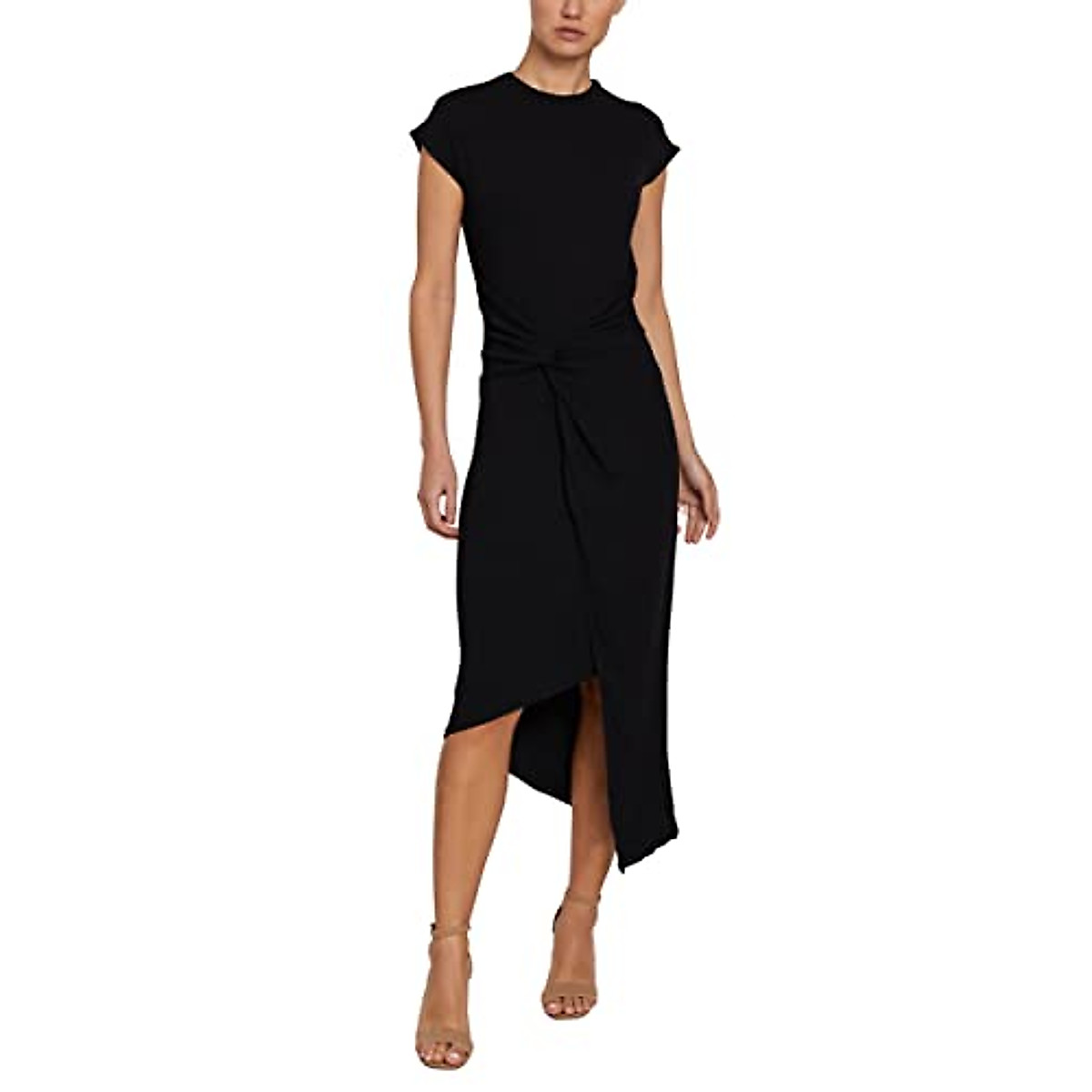 LAUNDRY BY SHELLI SEGAL Women's Midi Cap Sleeve Asymmetrical Knot Front Dresses, Black, Medium