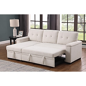 Lilola Home Lucca II 84.5" W Beige Woven Fabric Reversible Sleeper Sectional Sofa with Storage Chaise and Pocket Coil Seating