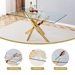 HAIZAO 63" Glass Dining Table for 4-6, Contemporary Rectangular Dining Room Table with Tempered Glass Top & Gold Finish Stainless Steel Legs, Modern Large Kitchen Table for Home Office