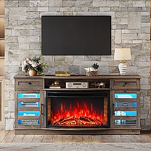 LUXOAK 70" Farmhouse Curved Fireplace TV Stand, LED Light Entertainment Center Table with 36'' Upgrade Electric Fireplace TV Console Cabinet for TVs Up to 80", Wash Grey