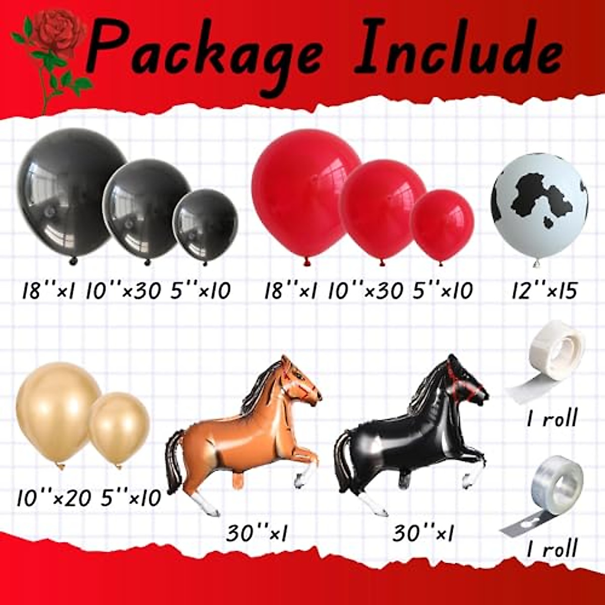 Western Cowboy Balloons Arch Garland Kit, 131PCS Red Black Gold Cow Print Balloons with 30 Inch Large Horse Foil Balloons for Horse Racing Kentucky Derby Day Birthday Party Decorations