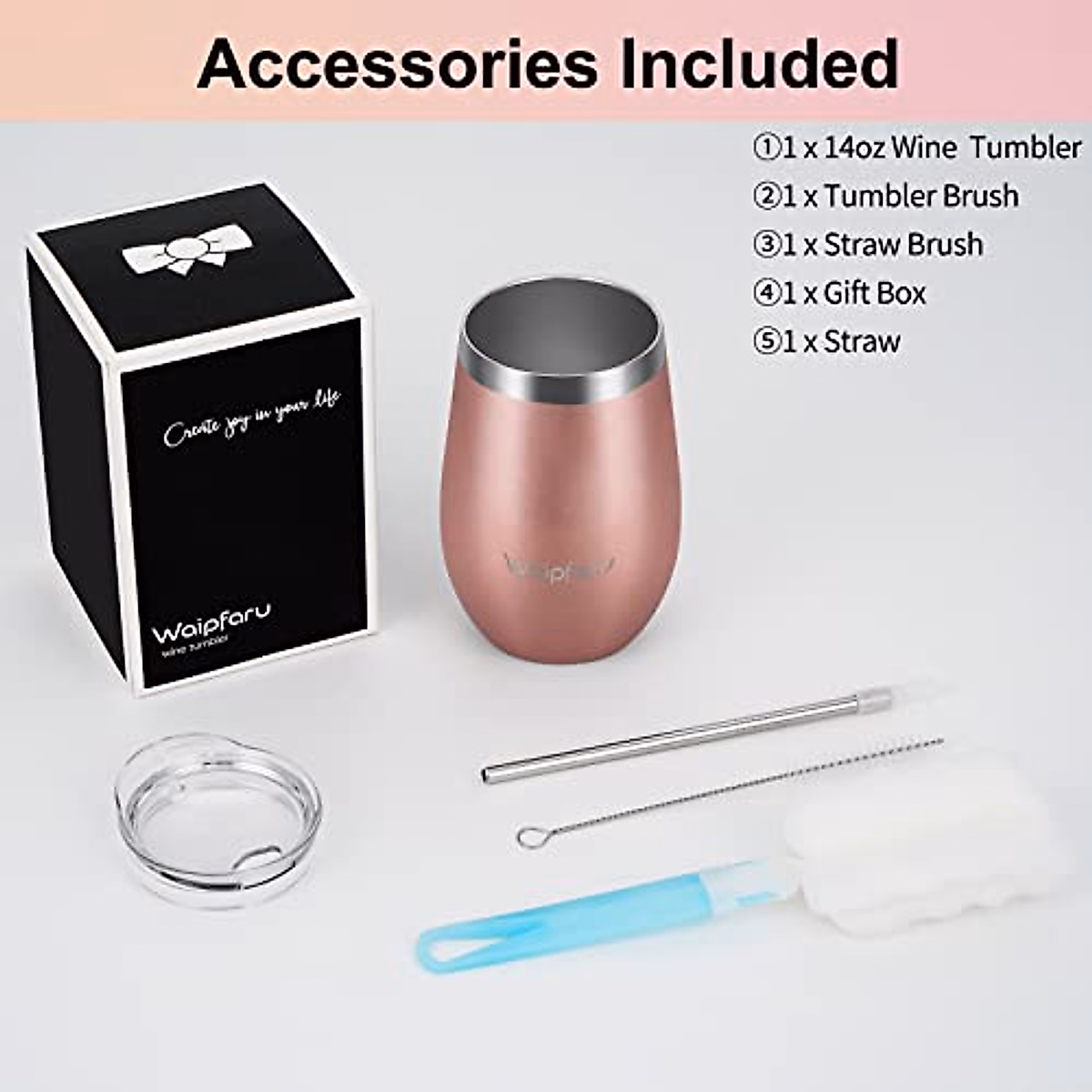 Waipfaru Wine Tumbler, 14 Oz Insulated Wine Tumbler With Lid and Straw, Stainless Steel Stemless Cup, Double Wall Vacuum Wine Tumbler for Wine Coffee Cocktails Champagne (Rose Gold)