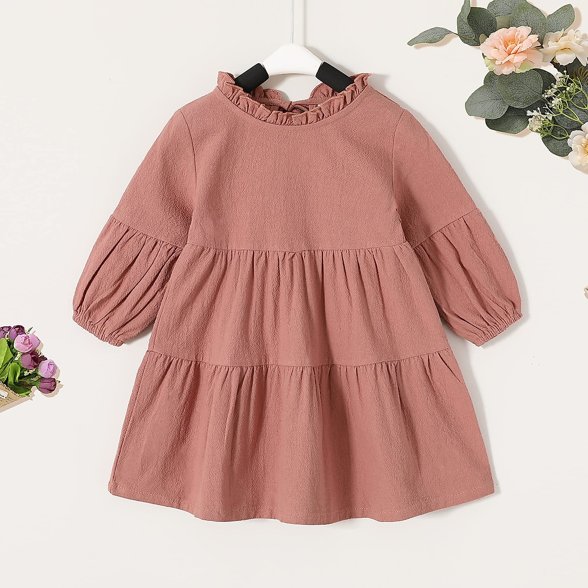 Toddler Kids Baby Girl Dress Lantern Long Sleeve Solid Color Casual Dresses Girls Fall Winter Outfit Clothes (3-4T, Deep Pink)