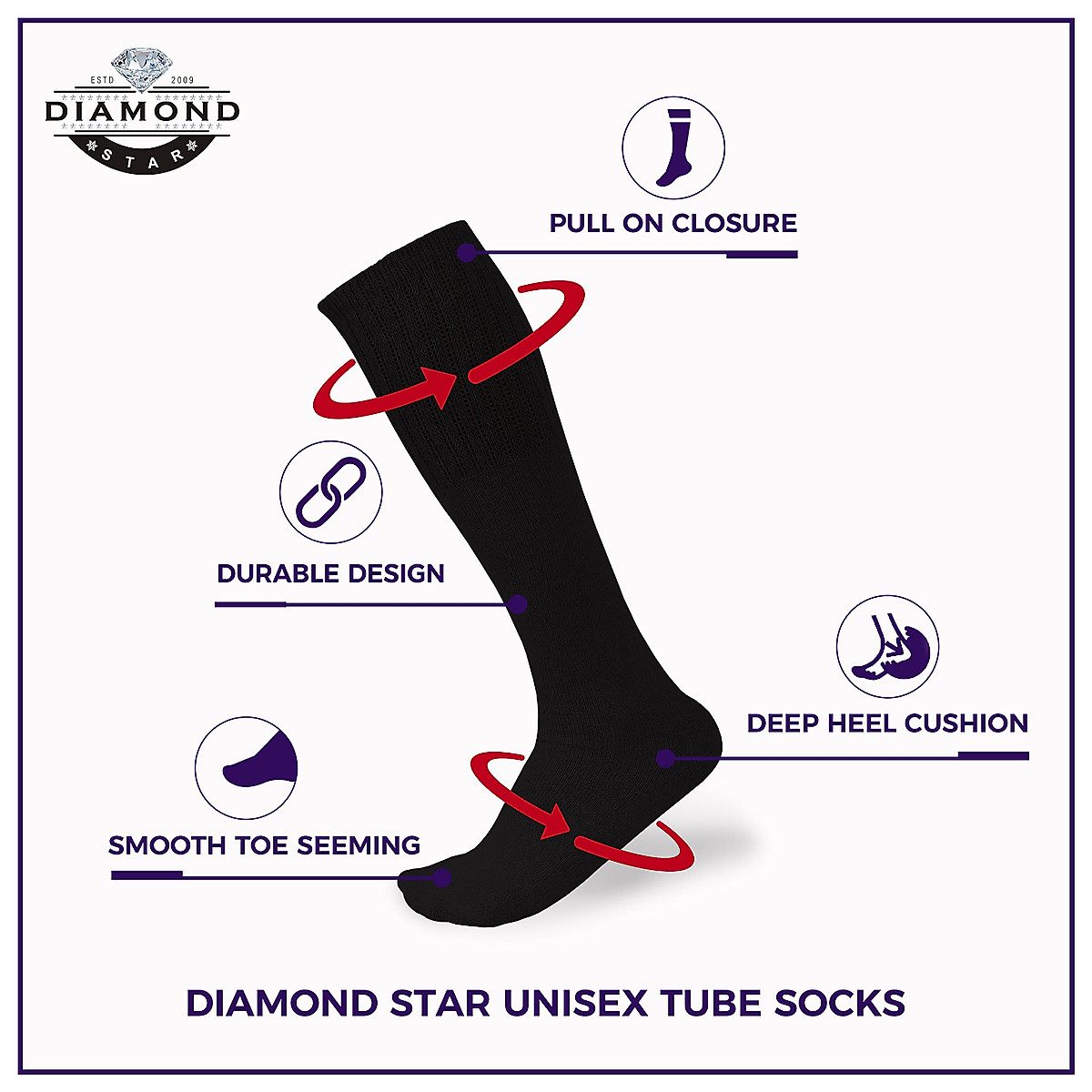 Diamond Star Men's 6 Pack Athletic Tube Socks Running Sports Over The Calf Cushioned Premium Soft Cotton Big and Tall (Black)