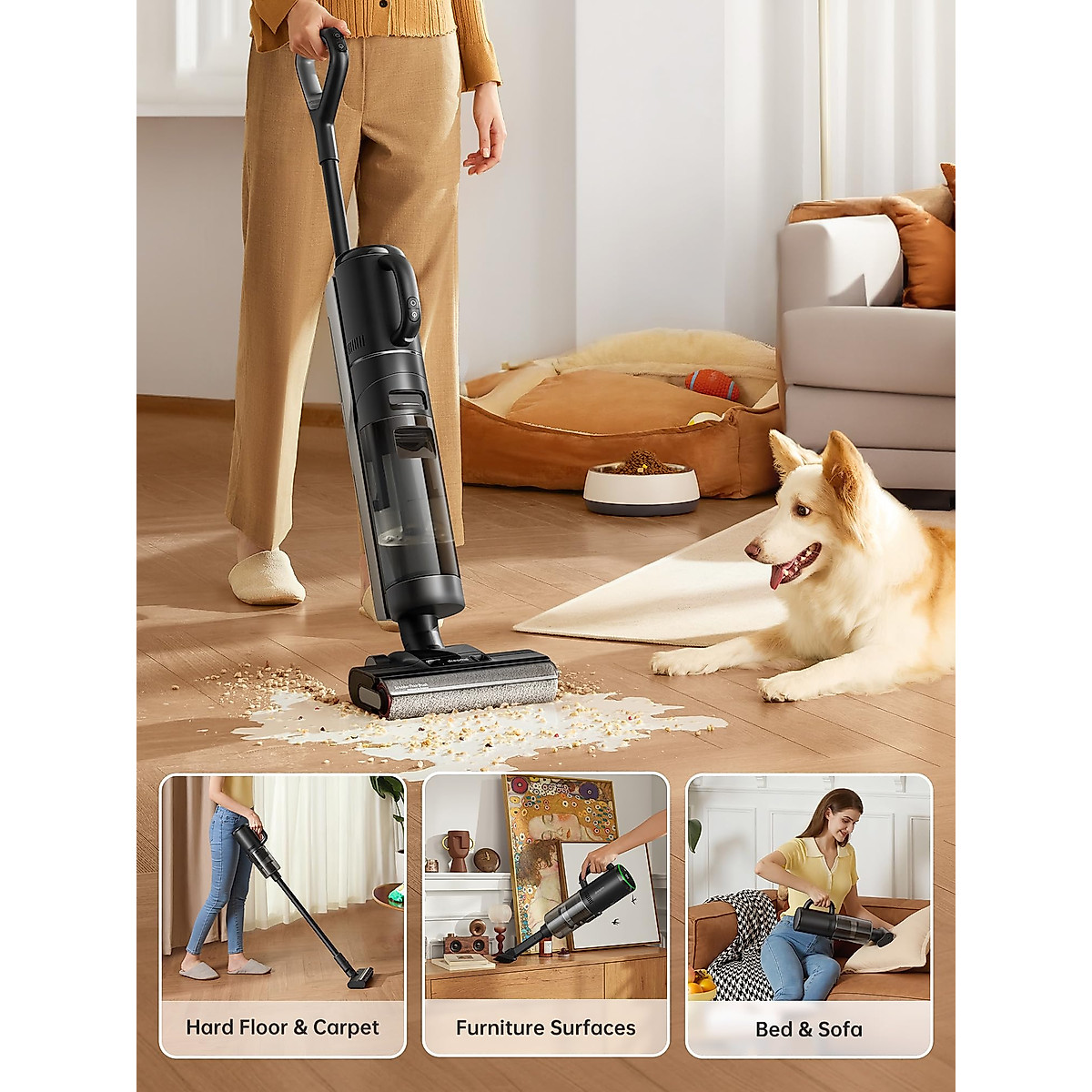 dreame H12 Dual Smart Wet Dry Vacuum Cleaner, Floor Cleaner Mop Combo 4-in-1 Cordless Vacuum for Multi-Surface, One-Step Self Cleaning with Hot Air Drying, Black