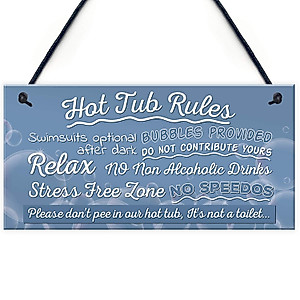 Meijiafei Hot Tub Rules Novelty Hanging Garden Shed Plaque Pool Funny Gift Home Decor Sign 10" X 5"