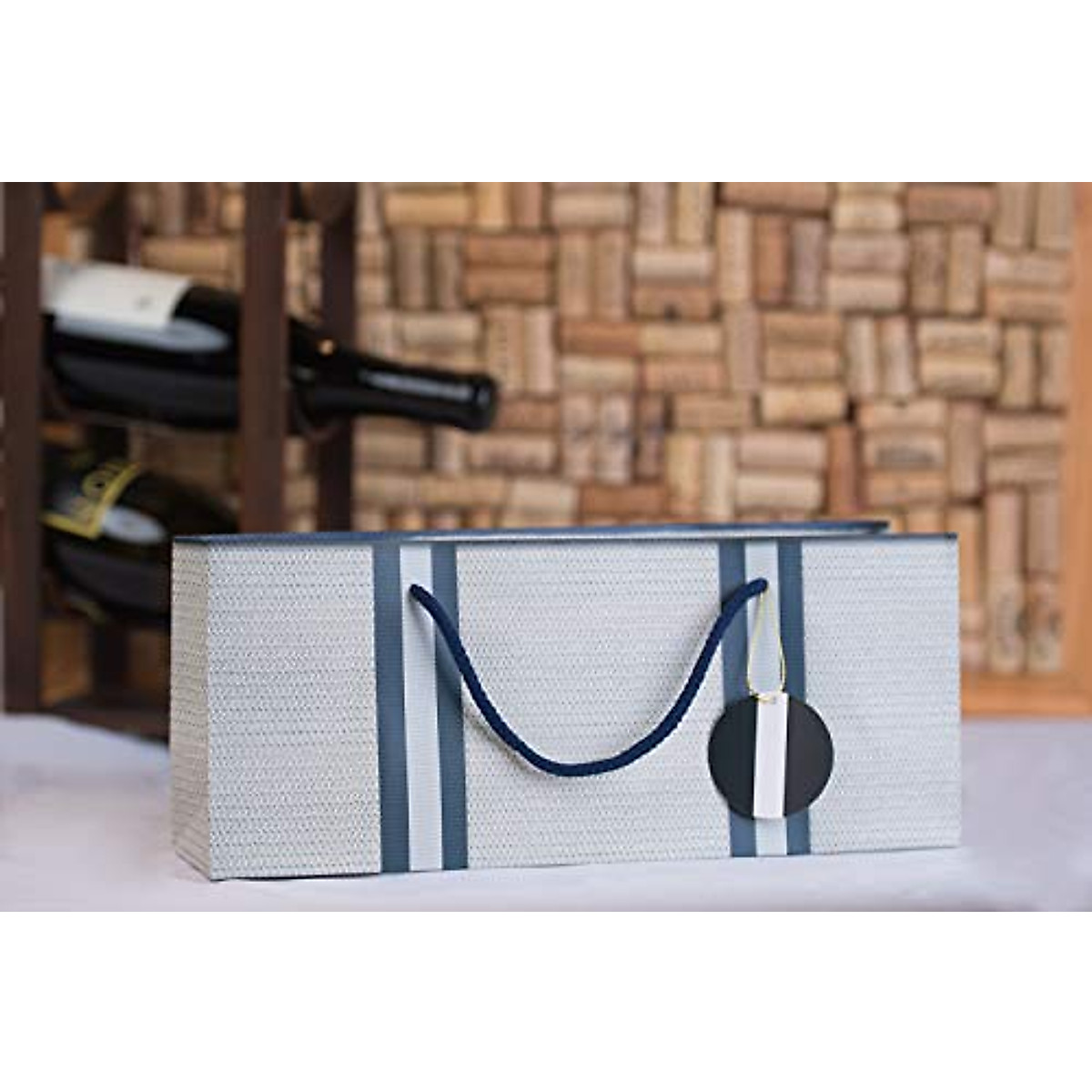 Simply Charmed Wine Gift Bags – White with Basket Weave Pattern and Navy Stripes Purse Style Set of 3