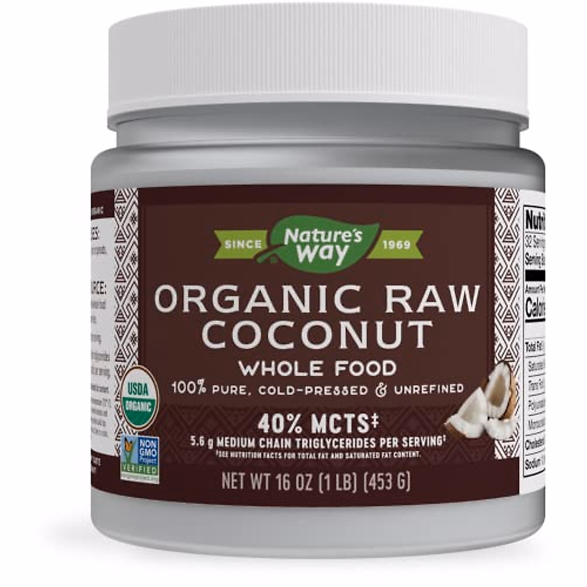 Nature's Way Organic Raw Coconut Whole Food, 5.6 g MCTs per serving, Unrefined, Cold Pressed, 16 oz.