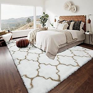 Amdrebio White and Beige Rugs for Living Room, 7x10 Rug, Soft Large Area Rug for Bedroom, Fluffy Neutral Boho Rug for Kids Room, Geometric Morrocan Shaggy Carpet for Playroom, Big Thick Floor Rug