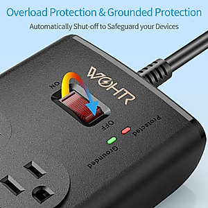 Power Strip with PD 20W USB C Port, Wohtr Surge Protector with 10 AC Outlets & 4 USB Ports (1 USB-C, 3 USB-A), 1875W/2370J, 6ft Heavy Duty Extension Cord, Flat Plug,Wall Mount, Overload Protection