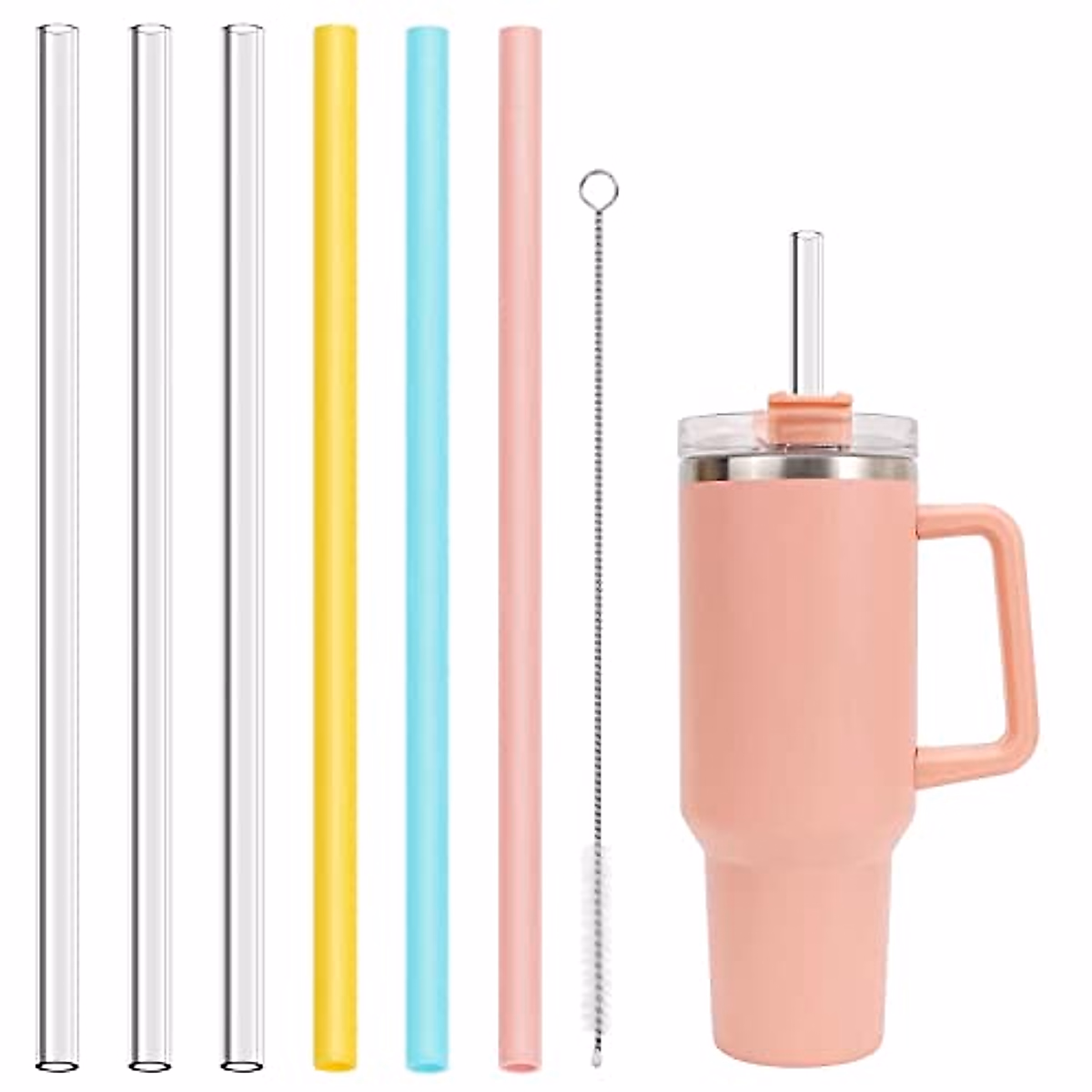 6Pcs Replacement Straws for 40oz Stanley Travel Tumbler, Long Replacement Straws with Cleaning Brush, 11.8 Inch Reusable Silicone Straws Compatible with Stanley 40oz Cup