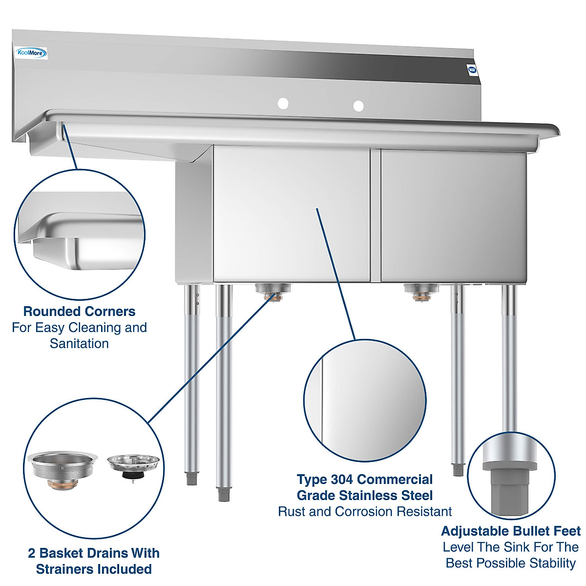 KoolMore 2 Compartment Stainless Steel NSF Commercial Kitchen Prep & Utility Sink with 2 Drainboards - Bowl Size 15" x 15" x 12", Silver, Left Drainboard