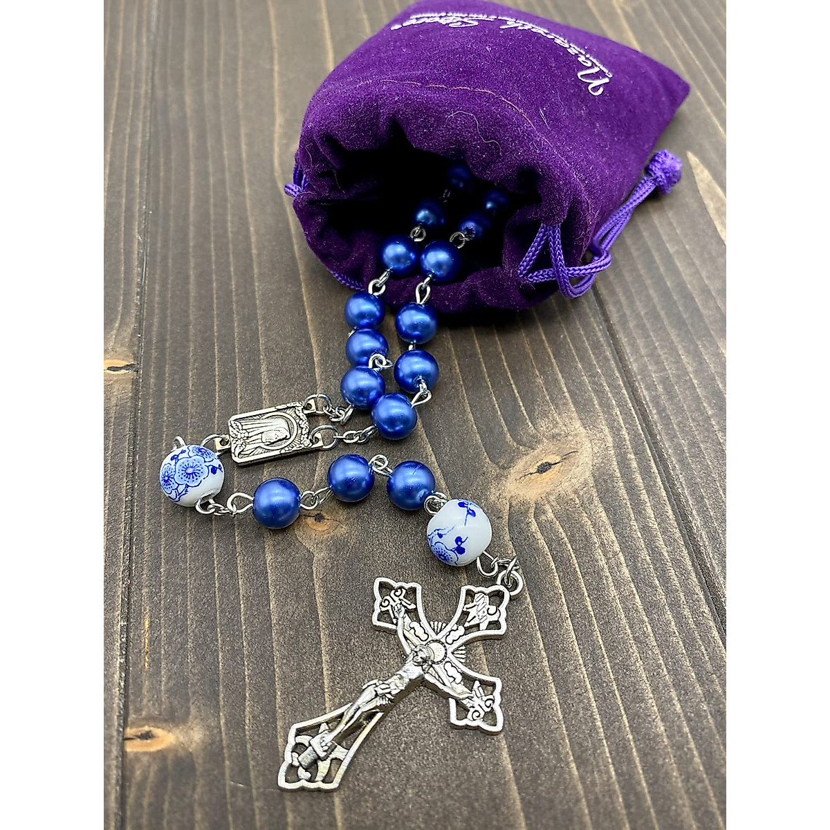 Nazareth Store Blue Pearl Beads Rosary White Flowers Beaded Necklace Lourdes Medal & Cross Crucifix