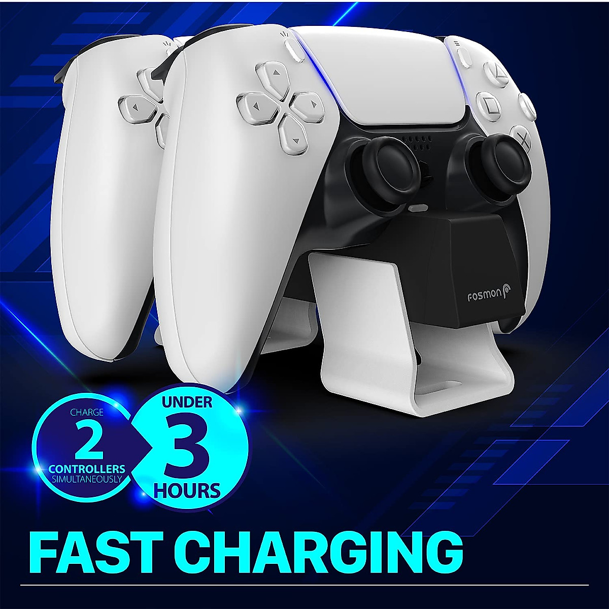 Fosmon Dual 2 Charger Station Compatible with Sony-PS5-Playstation 5 Dualsense Controllers, (Place and Charge) 3 Hours Fast Charging Dock with Intelligent Chip Overcurrent Over-Heating Protection