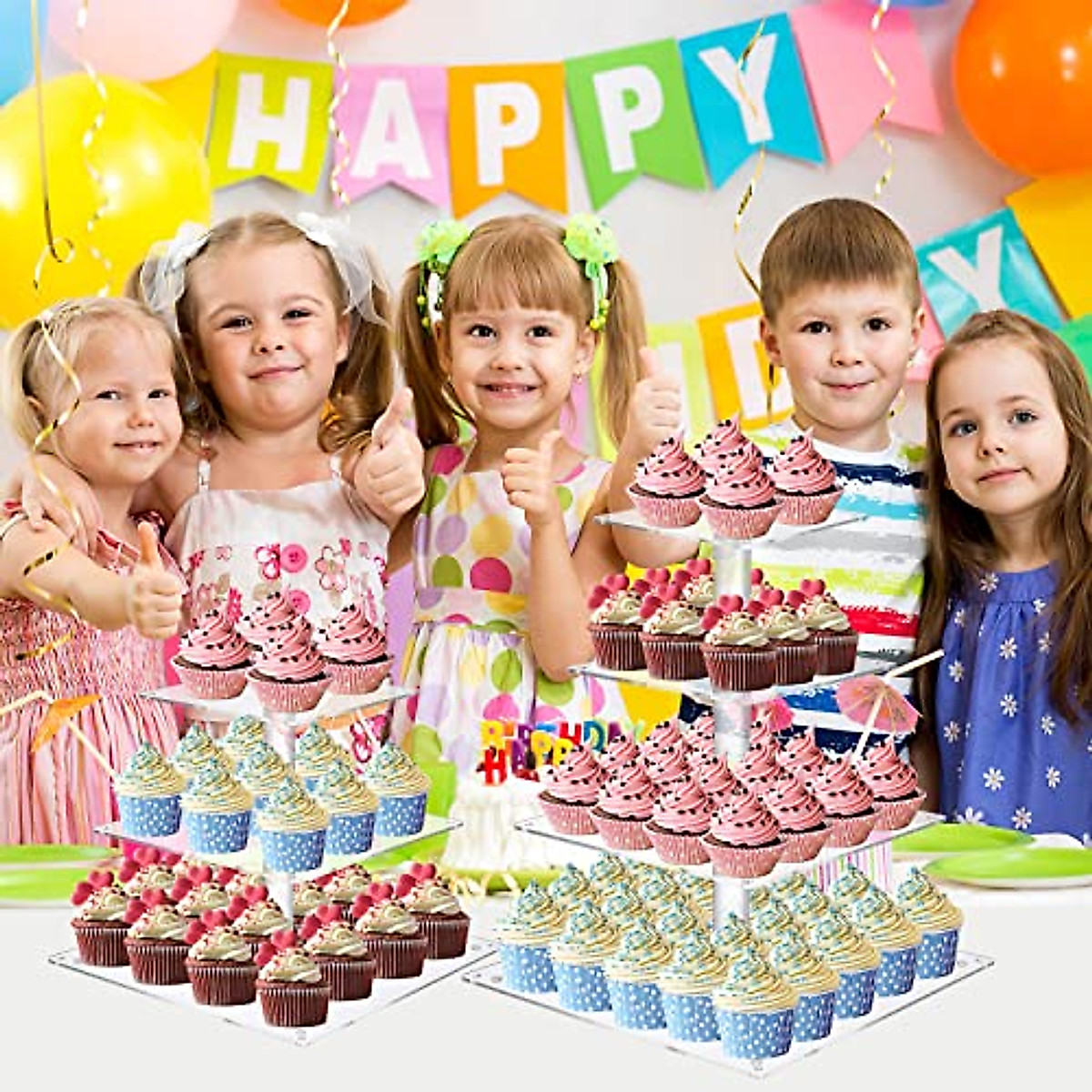 4 Pcs Square Acrylic Cupcake Stand, 4 Tier Cupcake Holder and 3 Tier Cupcake Tower with Yellow LED Light String Cupcake Pastry Display Stand for Wedding Birthday Candy Bar Decor