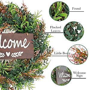 18in Artificial Green Wreath for Front Door with Welcome Sign Red Flower Fall Christmas Wreath Gypsophila Green Leaves Wreath for Window Home Porch Farmhouse Patio Garden Party Decor