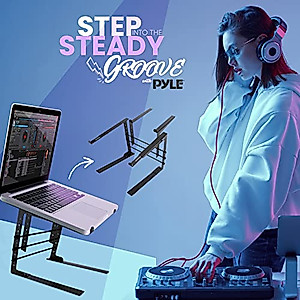 Pyle Portable Dual Laptop Stand - Standing Table with Adjustable Height, Ergonomic Design & Anti-Slip Prongs for DJ Mixer, Sound Equipment, Workstation, Gaming & Home Use - PLPTS38, Black