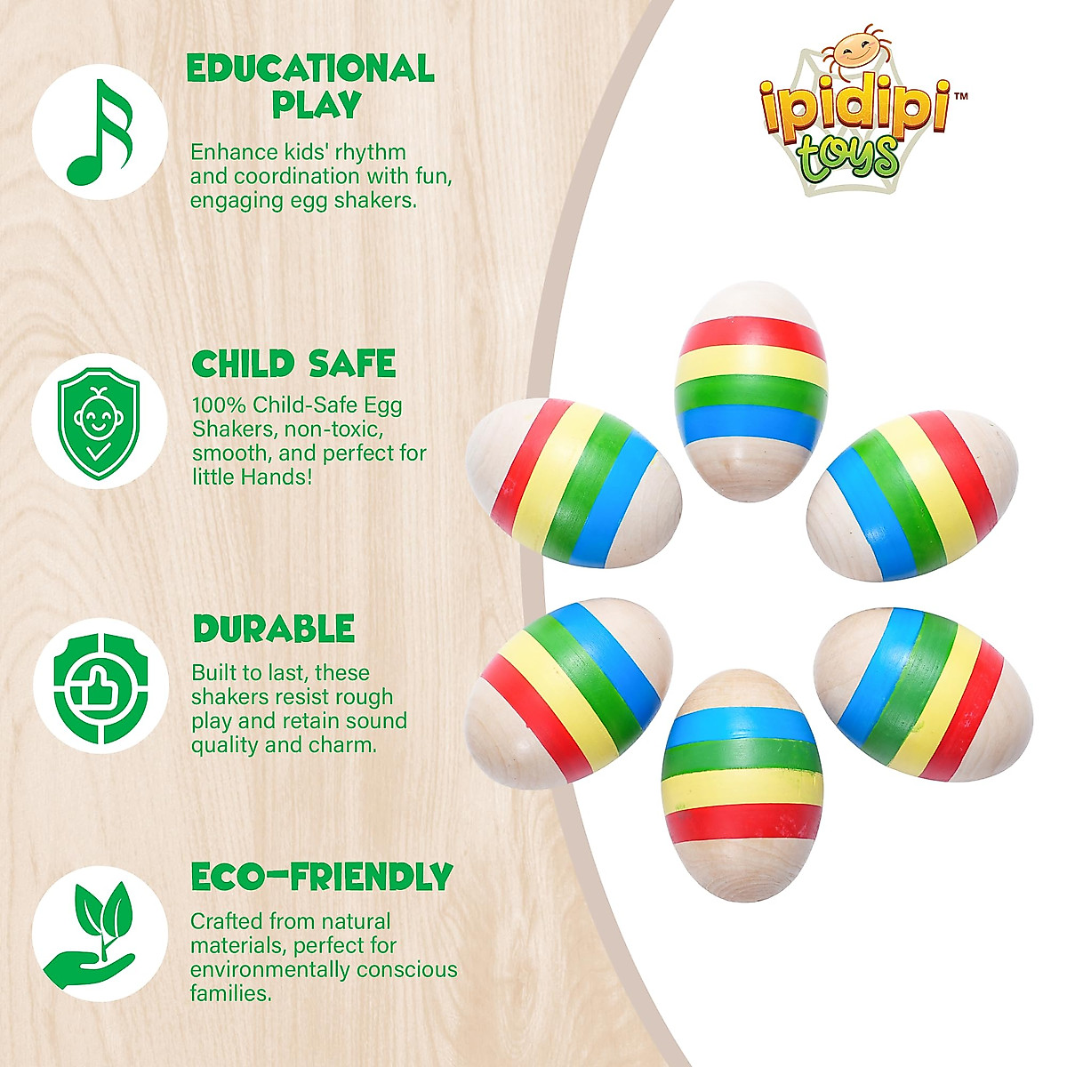 Funky Egg Musical Handmade Shakers Maracas for Kids 4 -Pack Natural, Wooden Egg Fillers Percussion Instruments - Montessori Sound Making Shakers - Sensory for Girls, Boys