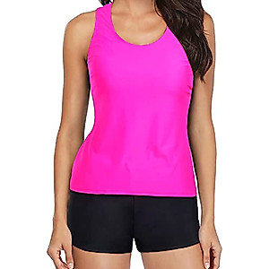Yonique Tankini Swimsuits for Women 3 Piece Bathing Suits Swim Tank Top with Boy Shorts and Bra Modest Swimwear Pink02 L
